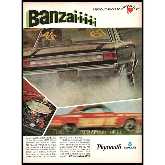 Plymouth | Art | 967 Plymouth Belvedere Gtx Vintage Print Ad Banzai ...
